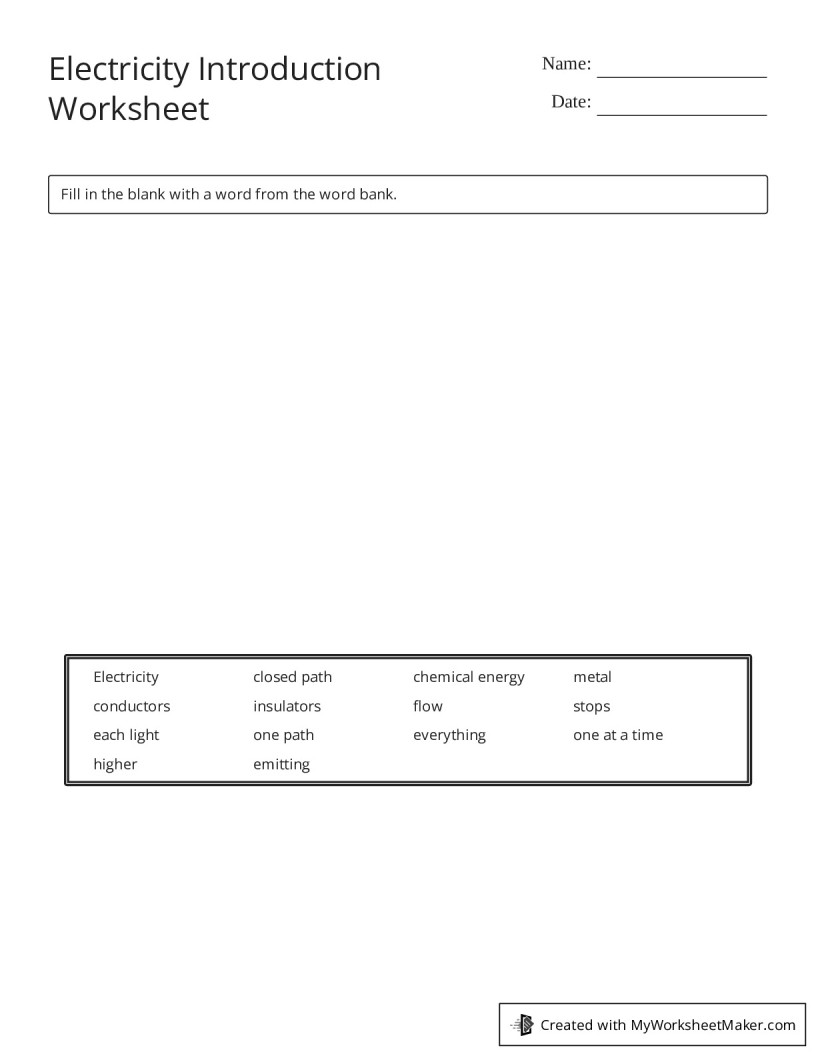 Electricity Introduction Worksheet - My Worksheet Maker: Create Your ...