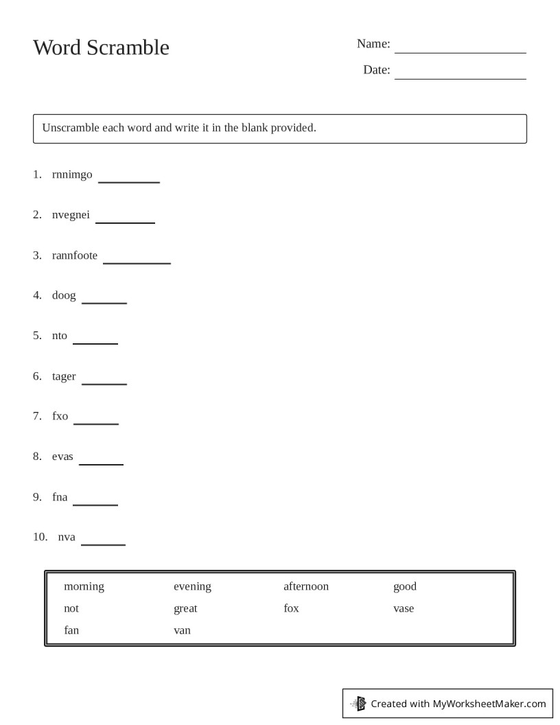 Word Scramble - My Worksheet Maker: Create Your Own Worksheets