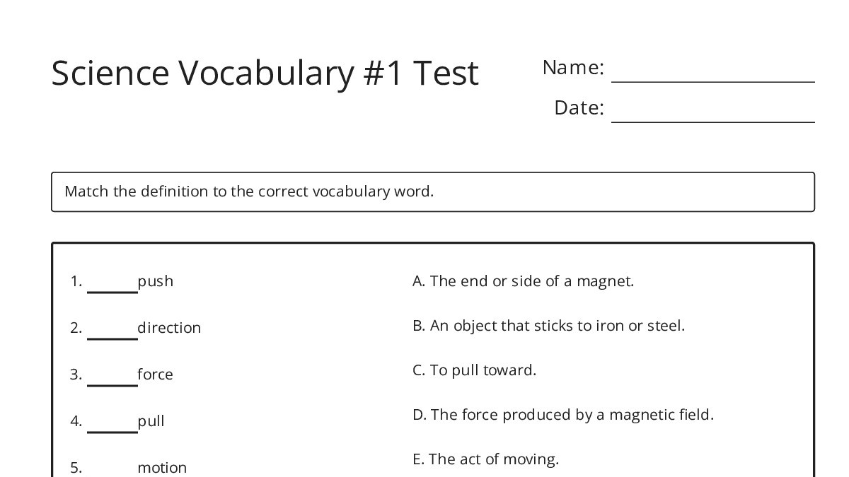 Science Vocabulary #1 Test - My Worksheet Maker: Create Your Own Worksheets