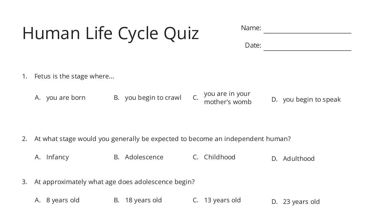 Human Life Cycle Quiz - My Worksheet Maker: Create Your Own Worksheets