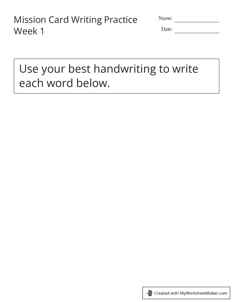 Mission Card Writing Practice Week 1 - My Worksheet Maker: Create Your ...