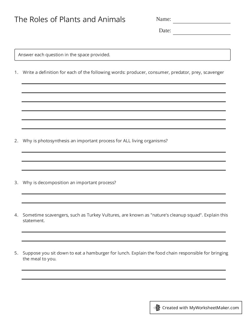 The Roles of Plants and Animals - My Worksheet Maker: Create Your Own ...