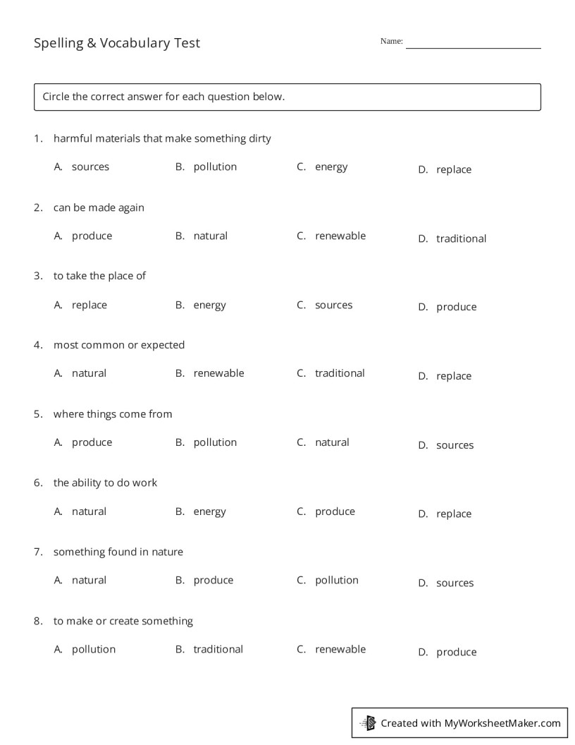 Spelling & Vocabulary Test - My Worksheet Maker: Create Your Own Worksheets