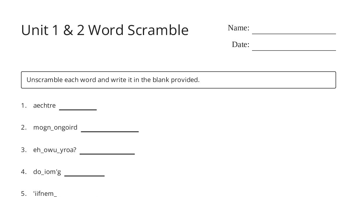 Unit 1 & 2 Word Scramble - My Worksheet Maker: Create Your Own Worksheets
