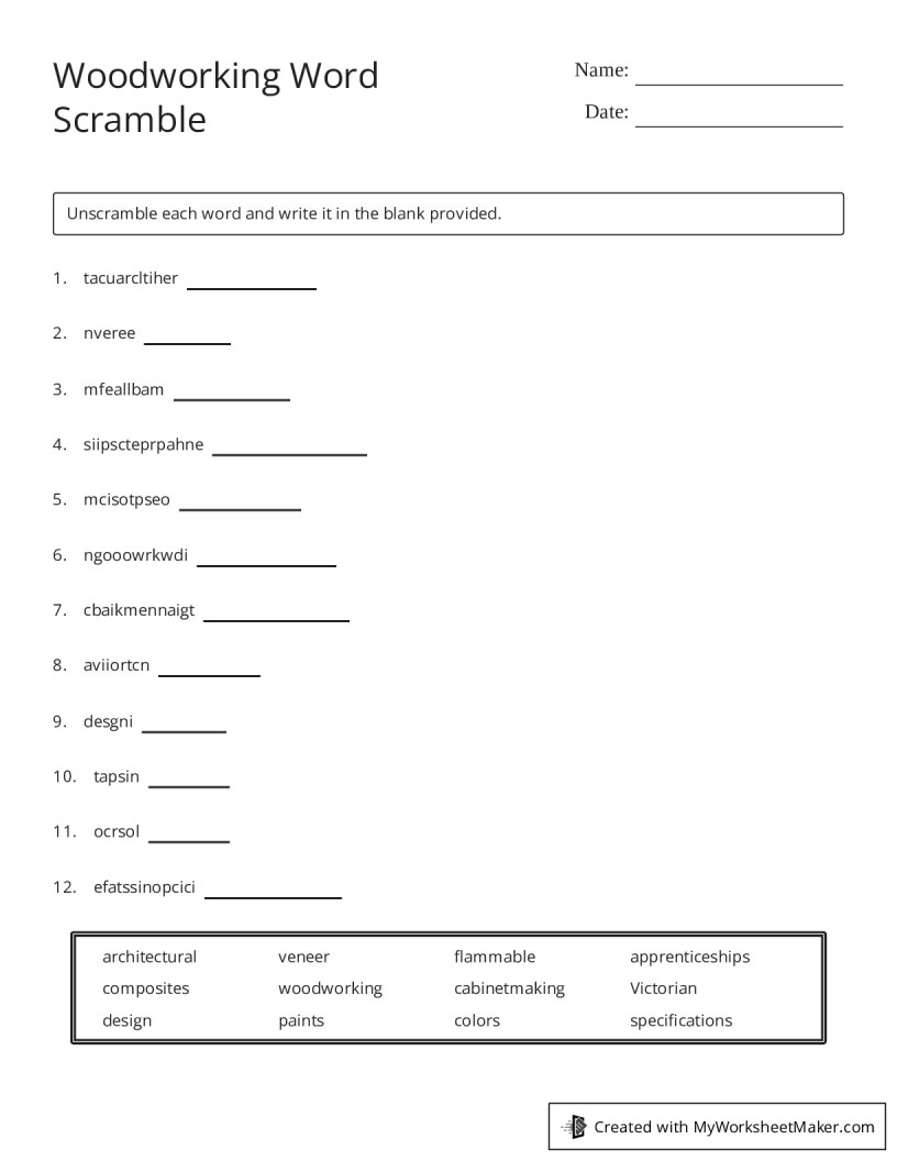 Woodworking Word Scramble - My Worksheet Maker: Create Your Own Worksheets