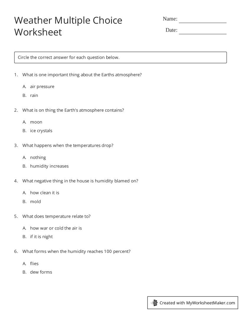 Weather Multiple Choice Worksheet - My Worksheet Maker: Create Your Own ...
