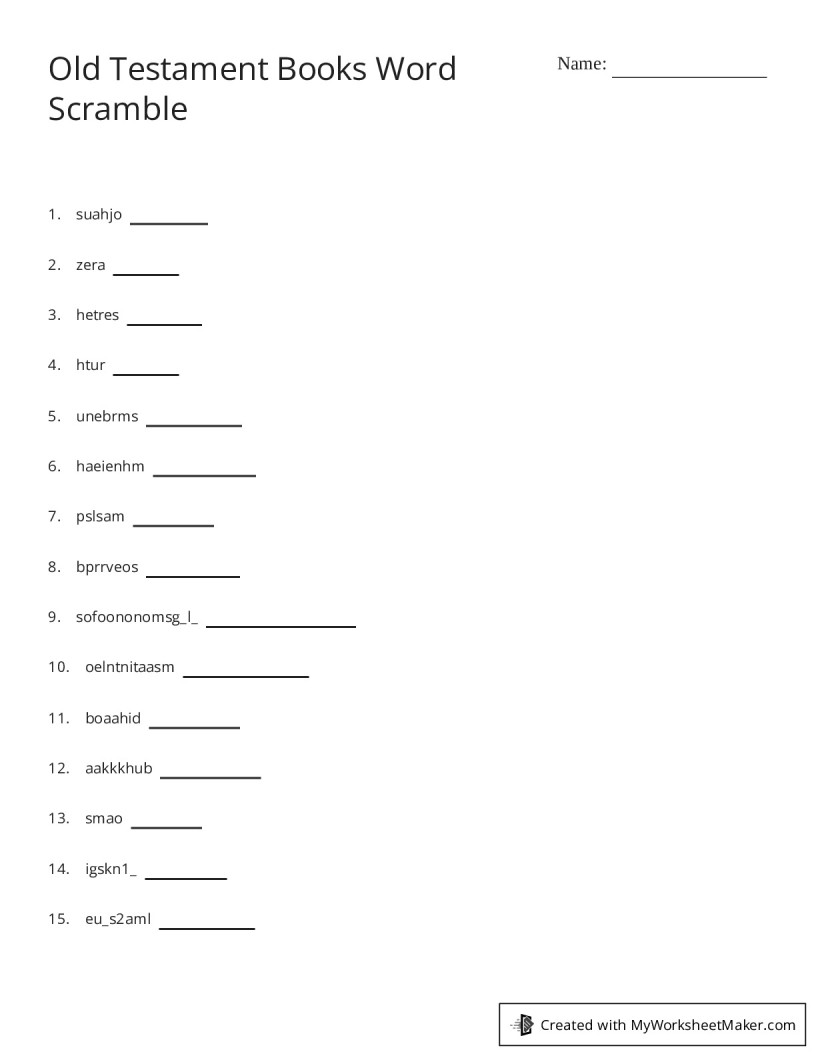 Old Testament Books Word Scramble - My Worksheet Maker: Create Your Own ...