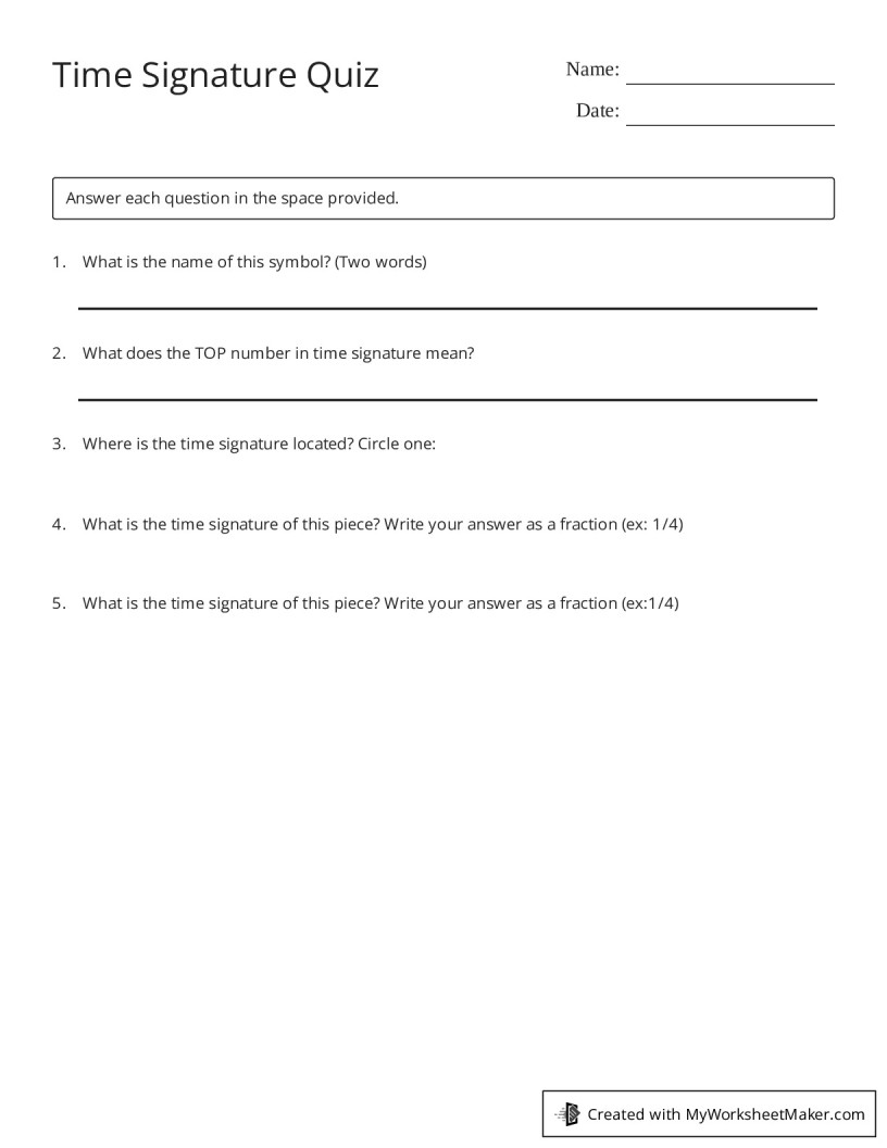 Time Signature Quiz - My Worksheet Maker: Create Your Own Worksheets