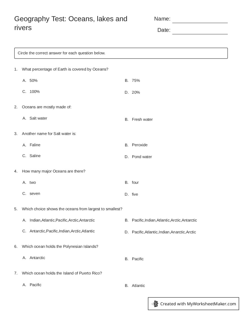 Geography Test: Oceans, lakes and rivers - My Worksheet Maker: Create ...