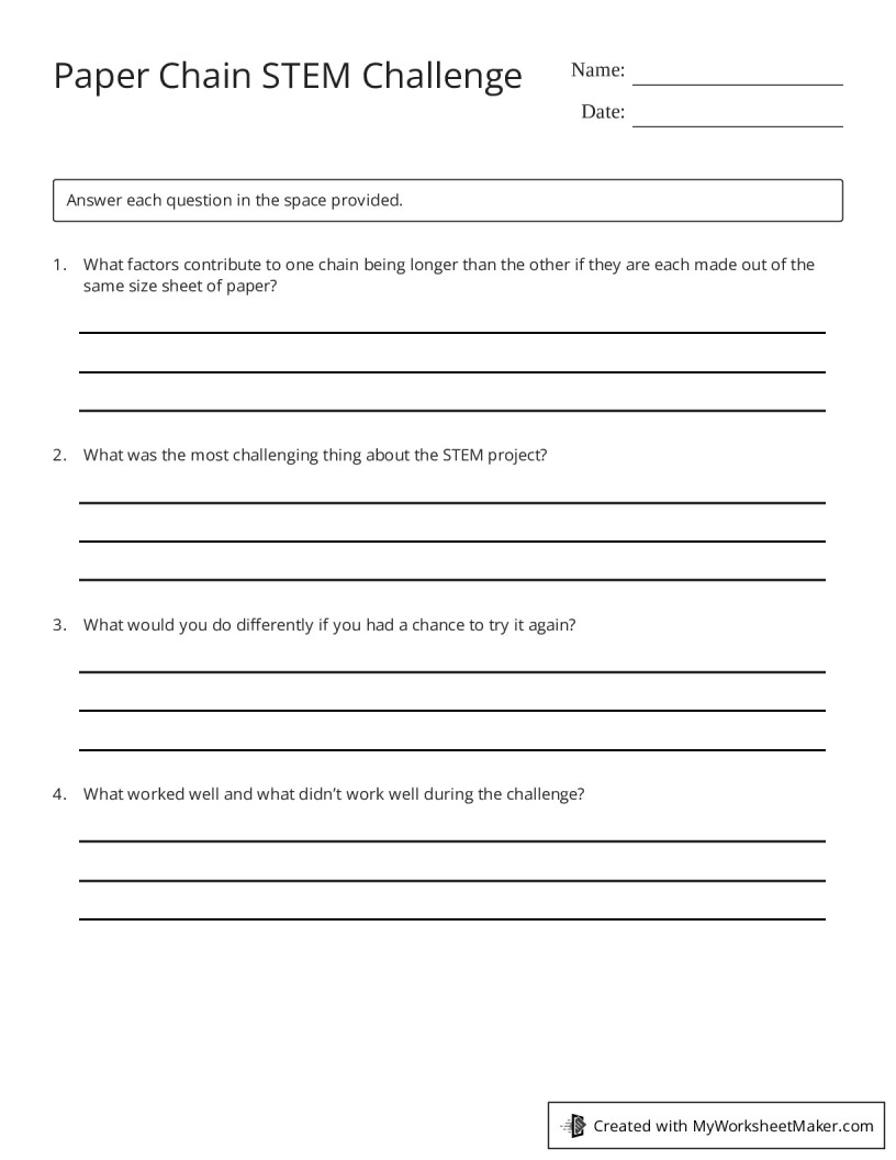 Paper Chain STEM Challenge - My Worksheet Maker: Create Your Own Worksheets
