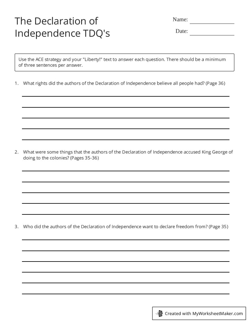 The Declaration of Independence TDQ's - My Worksheet Maker: Create Your ...