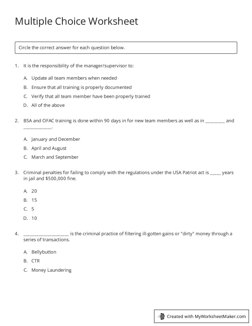 Multiple Choice Worksheet - My Worksheet Maker: Create Your Own Worksheets