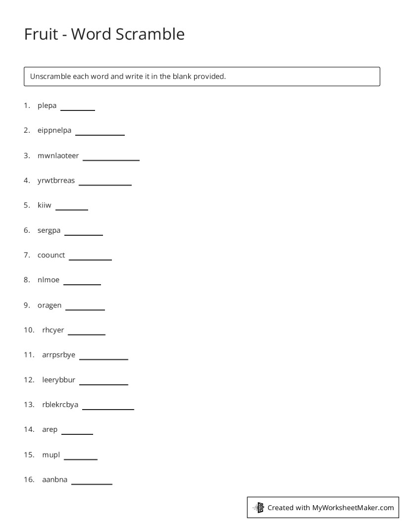 Fruit - Word Scramble - My Worksheet Maker: Create Your Own Worksheets