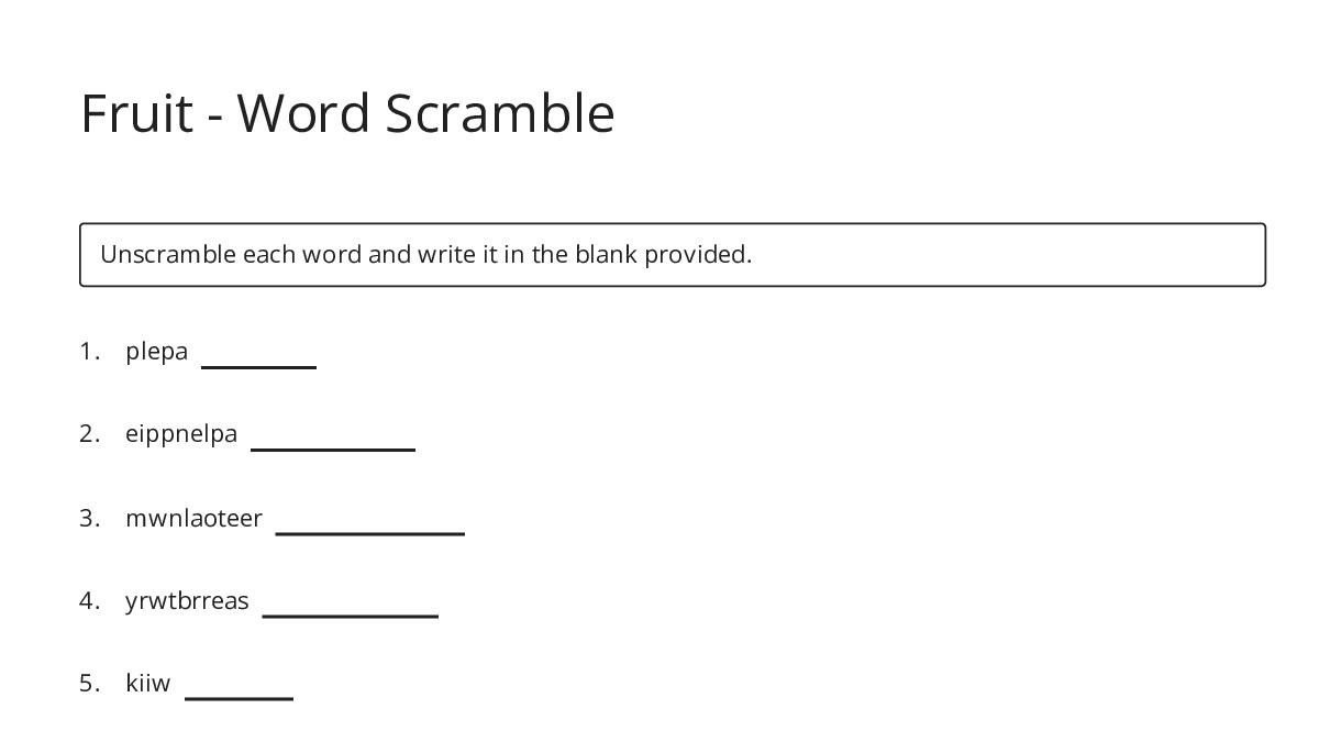 Fruit - Word Scramble - My Worksheet Maker: Create Your Own Worksheets