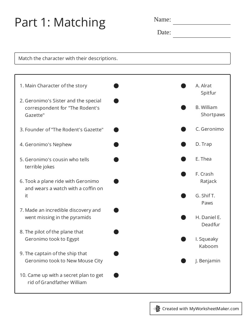 Part 1: Matching - My Worksheet Maker: Create Your Own Worksheets