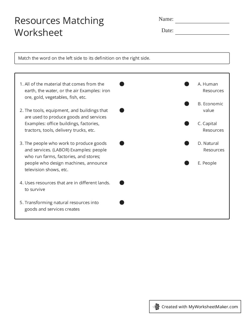 Resources Matching Worksheet - My Worksheet Maker: Create Your Own ...