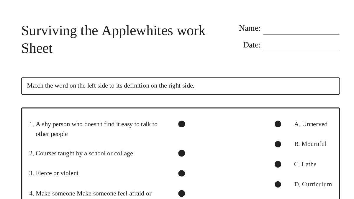 Surviving the Applewhites work Sheet - My Worksheet Maker: Create Your ...
