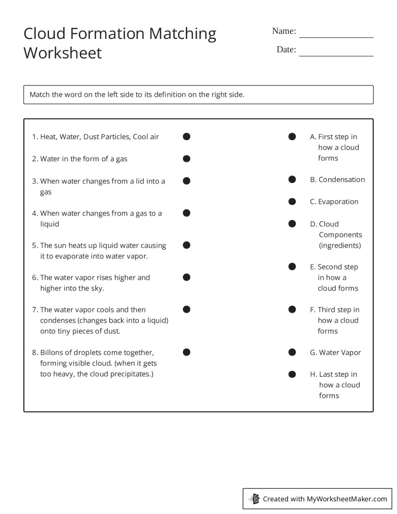 Cloud Formation Matching Worksheet - My Worksheet Maker: Create Your ...