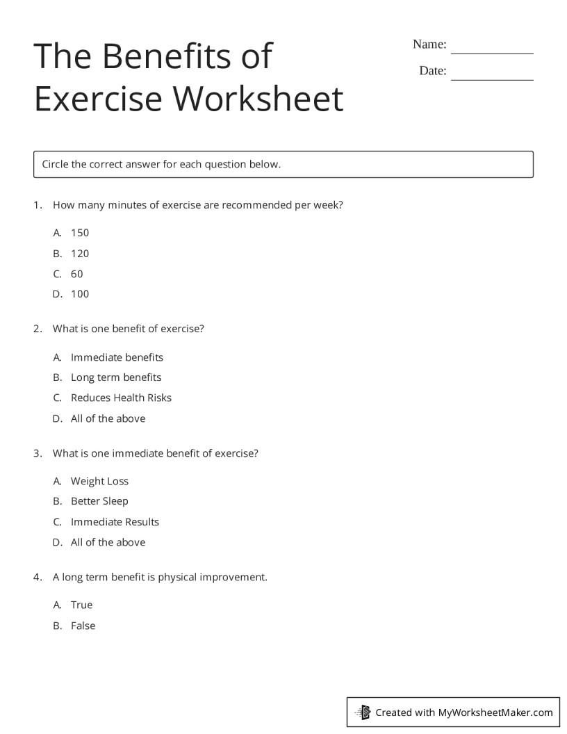 The Benefits of Exercise Worksheet - My Worksheet Maker: Create Your ...