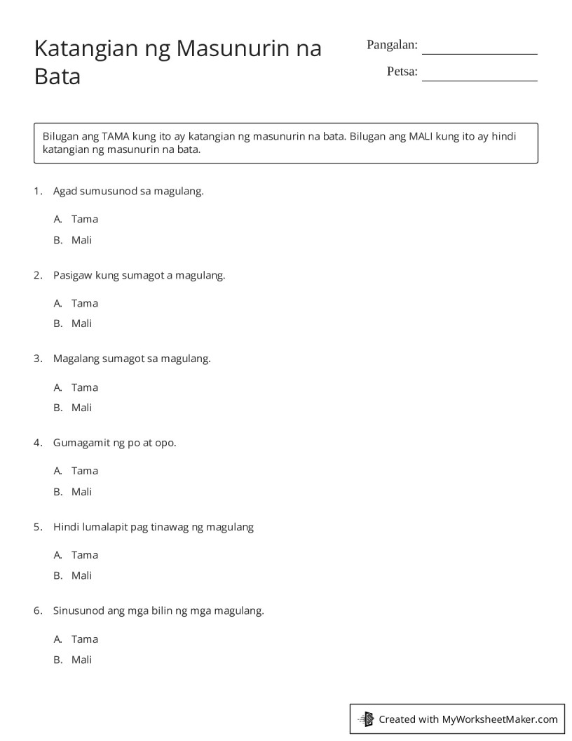 Katangian ng Masunurin na Bata - My Worksheet Maker: Create Your Own ...