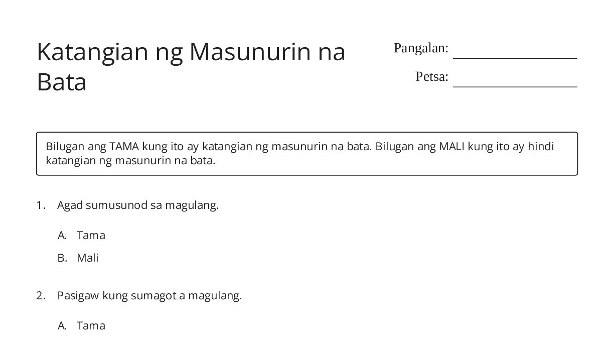 Katangian ng Masunurin na Bata - My Worksheet Maker: Create Your Own ...