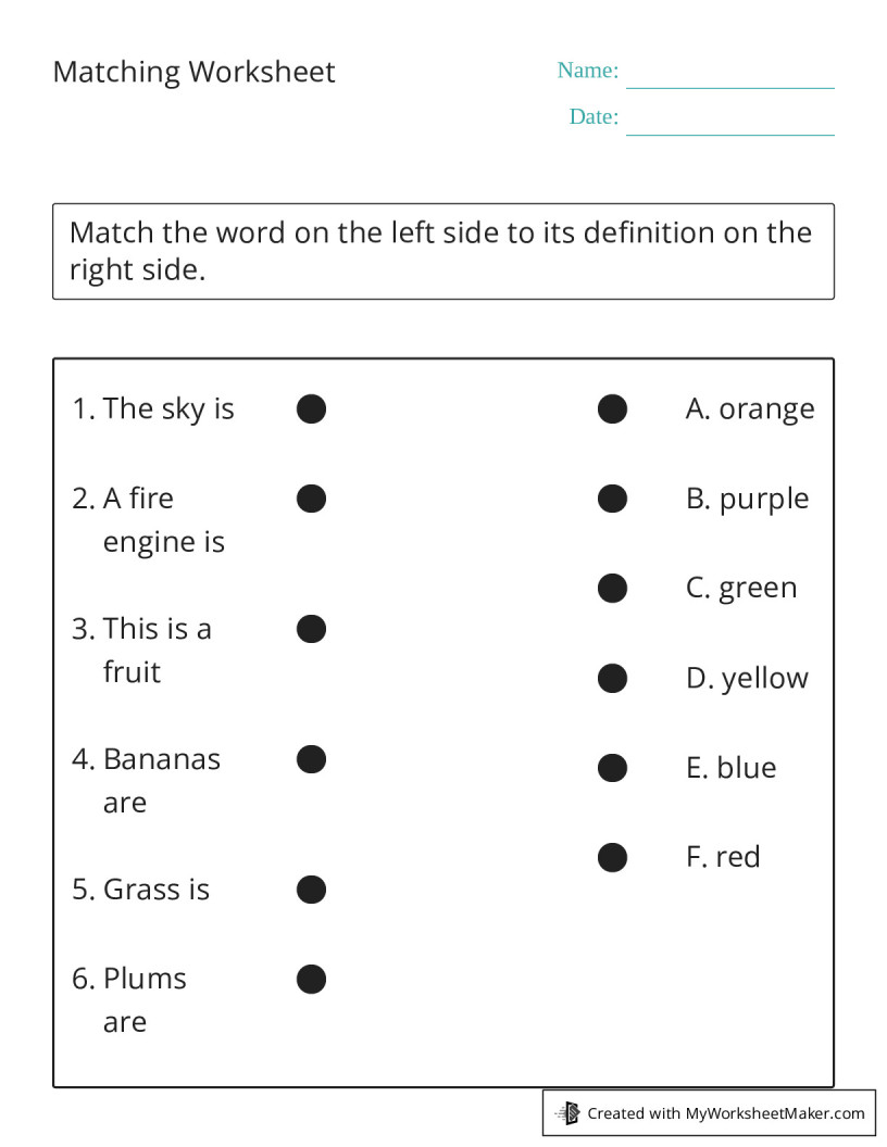 Matching Worksheet - My Worksheet Maker: Create Your Own Worksheets
