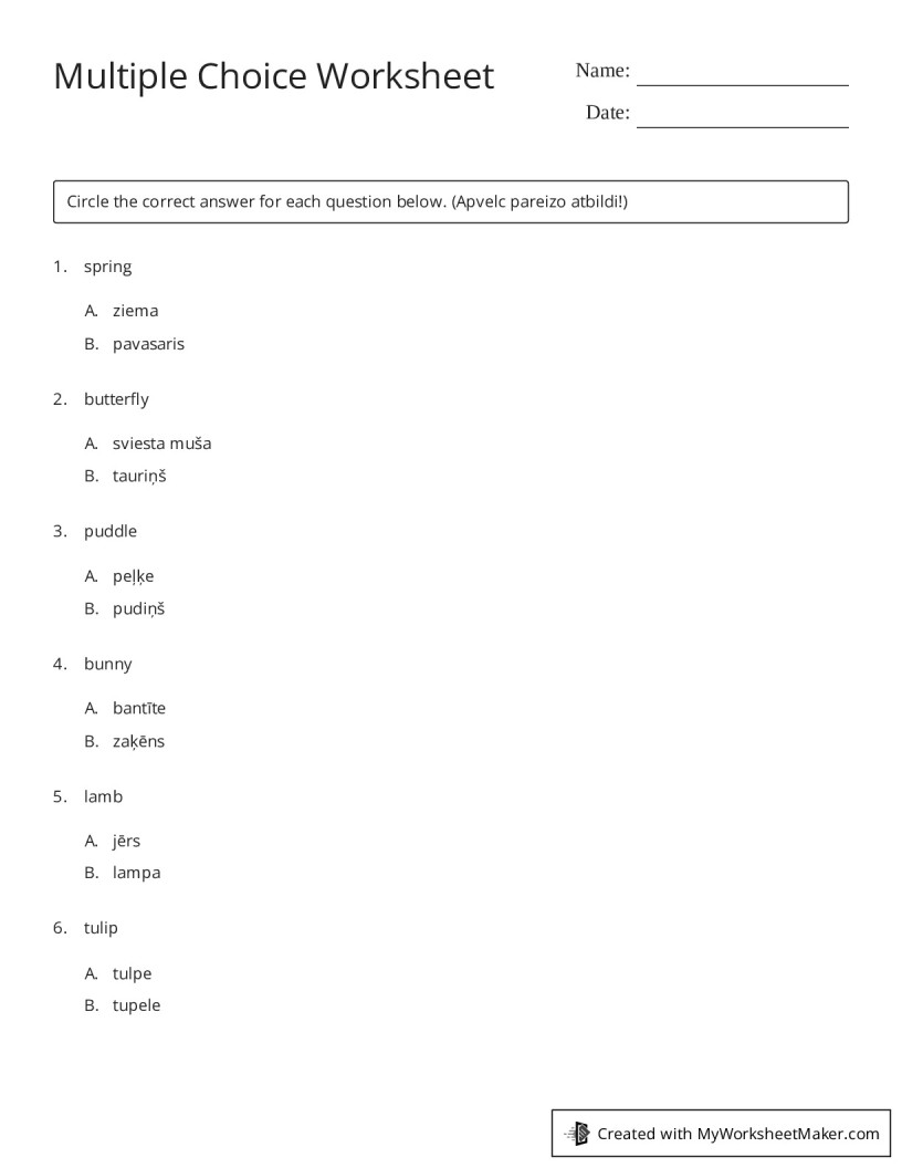 Multiple Choice Worksheet - My Worksheet Maker: Create Your Own Worksheets