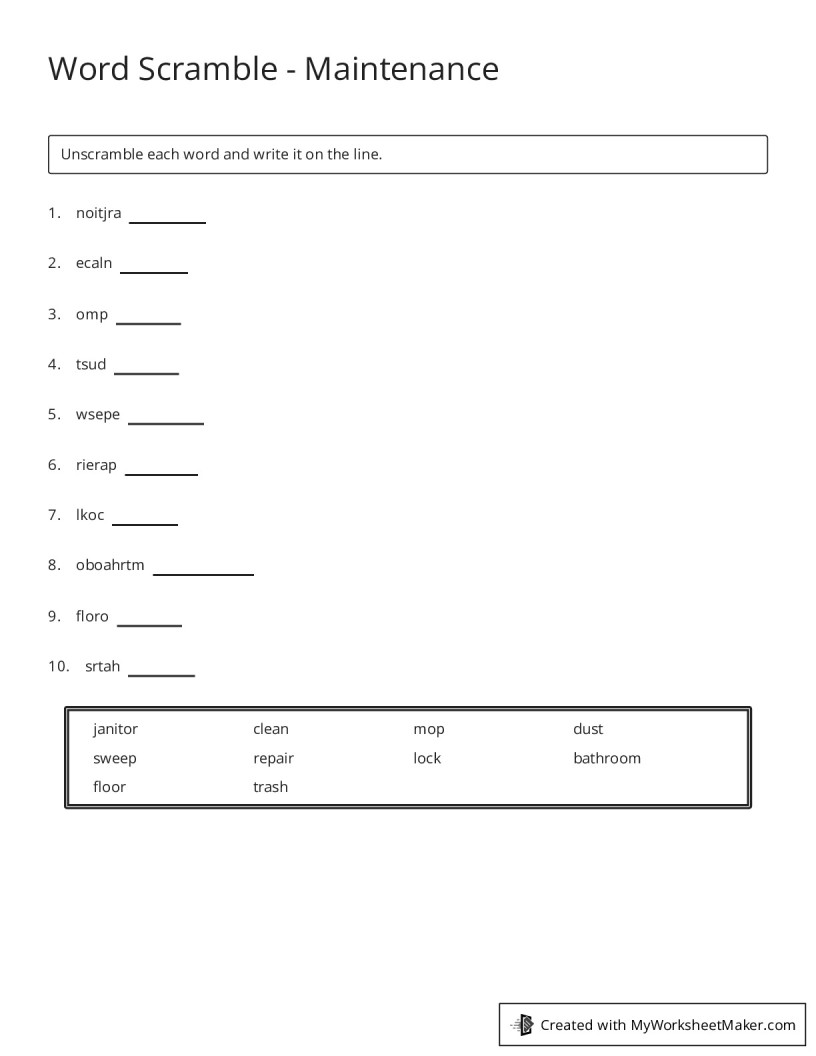 Word Scramble - Maintenance - My Worksheet Maker: Create Your Own ...