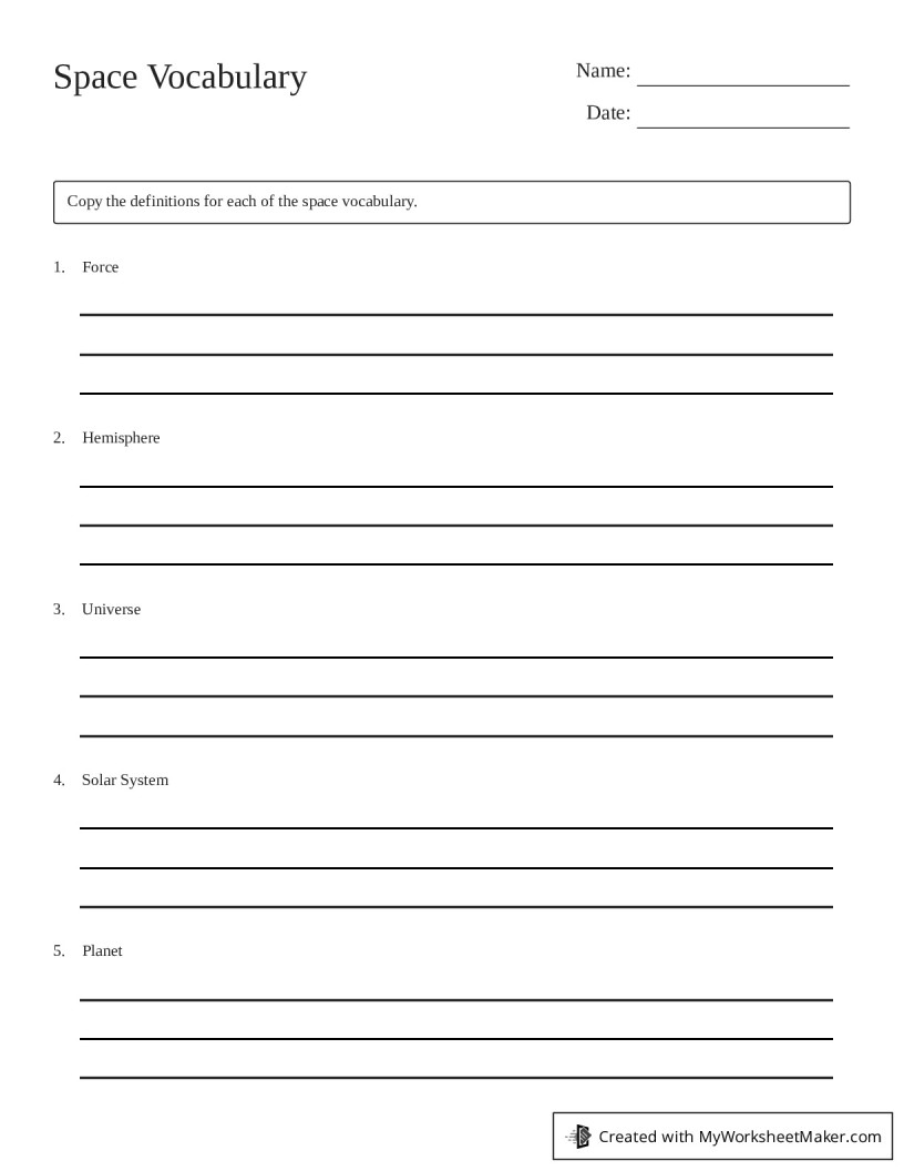 Space Vocabulary - My Worksheet Maker: Create Your Own Worksheets