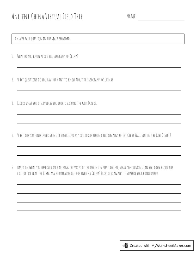 Ancient China Virtual Field Trip - My Worksheet Maker: Create Your Own ...