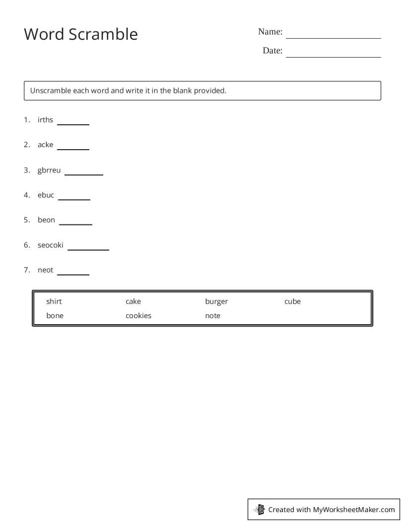 Word Scramble - My Worksheet Maker: Create Your Own Worksheets