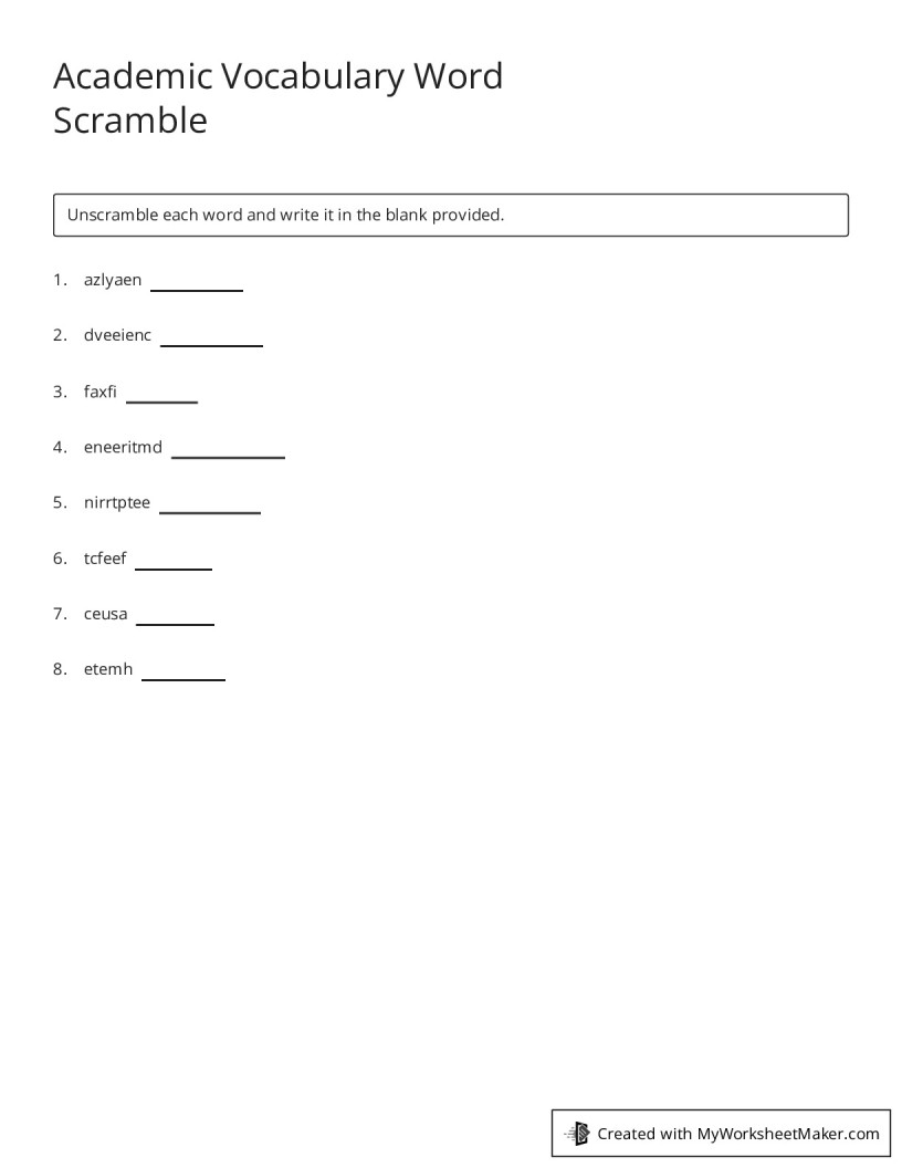 Academic Vocabulary Word Scramble - My Worksheet Maker: Create Your Own ...
