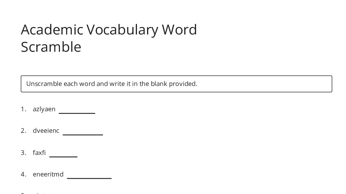 Academic Vocabulary Word Scramble - My Worksheet Maker: Create Your Own ...