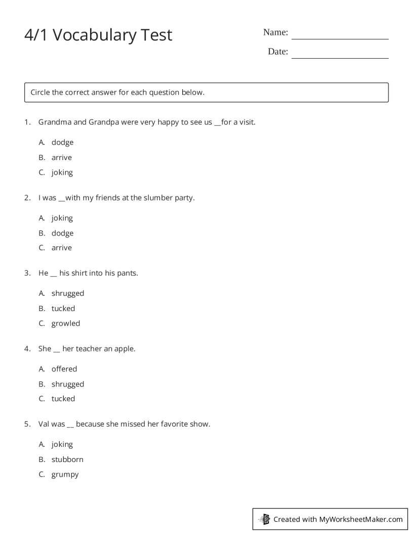 4/1 Vocabulary Test - My Worksheet Maker: Create Your Own Worksheets