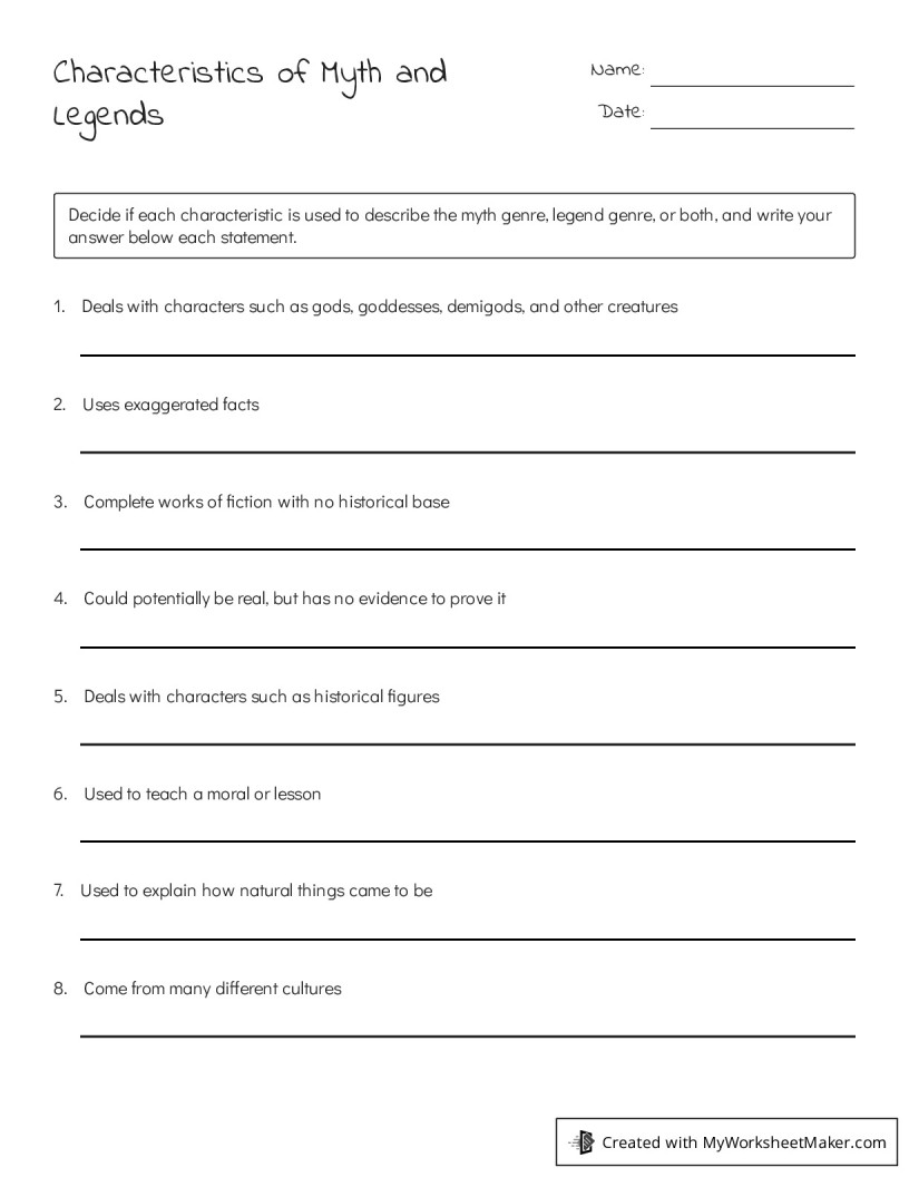 Characteristics of Myth and Legends - My Worksheet Maker: Create Your ...