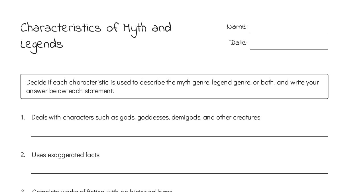 Characteristics of Myth and Legends - My Worksheet Maker: Create Your ...