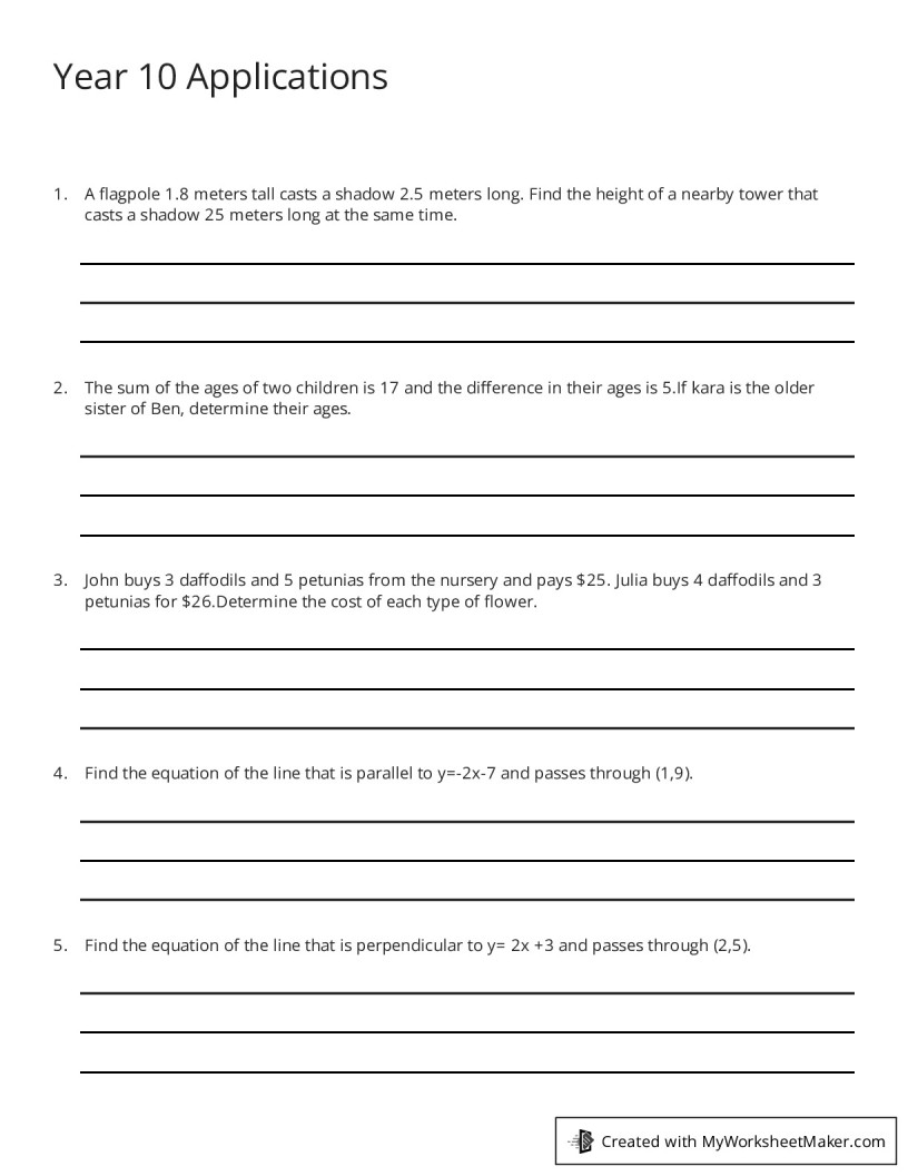 Year 10 Applications - My Worksheet Maker: Create Your Own Worksheets