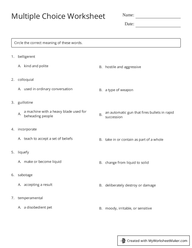 Multiple Choice Worksheet - My Worksheet Maker: Create Your Own Worksheets