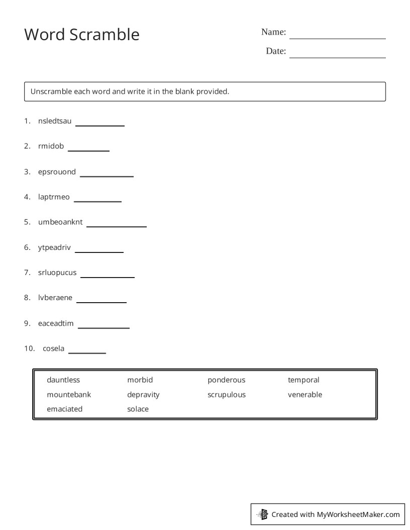Word Scramble - My Worksheet Maker: Create Your Own Worksheets