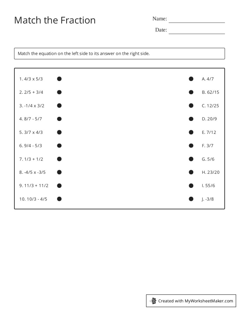 Match the Fraction - My Worksheet Maker: Create Your Own Worksheets