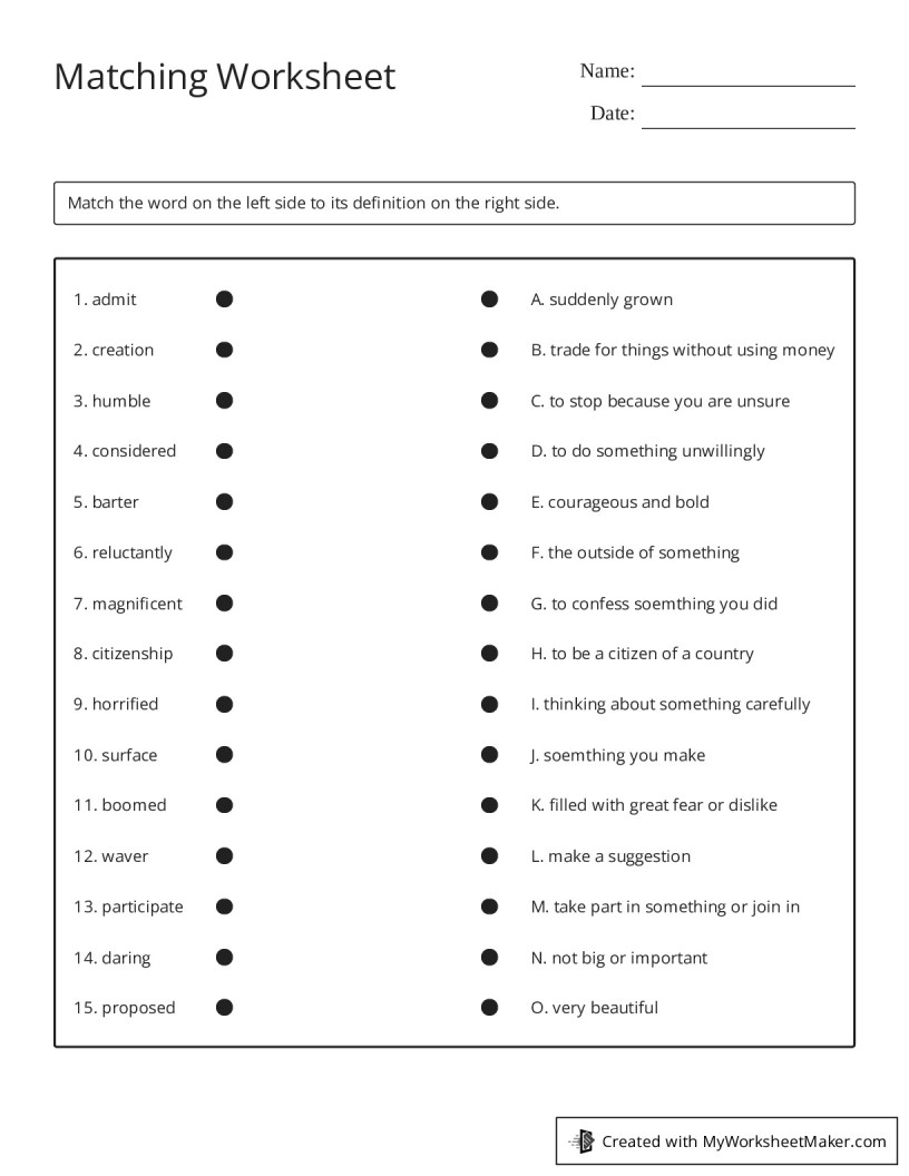 Matching Worksheet - My Worksheet Maker: Create Your Own Worksheets