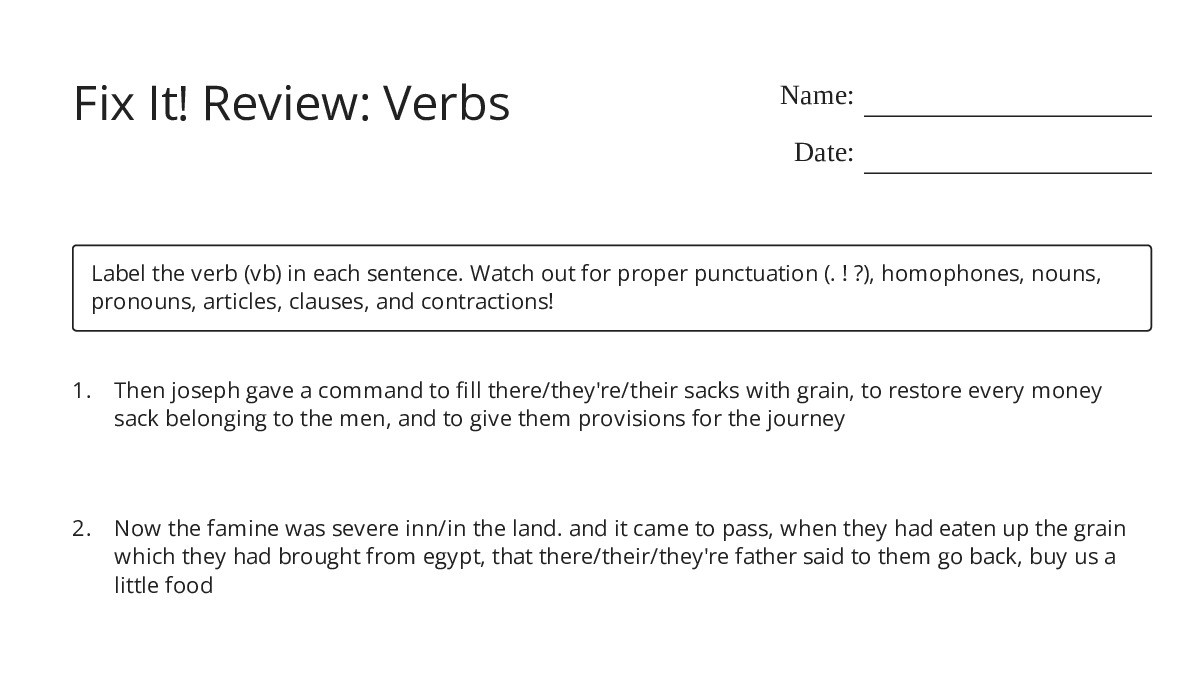 Fix It! Review: Verbs - My Worksheet Maker: Create Your Own Worksheets