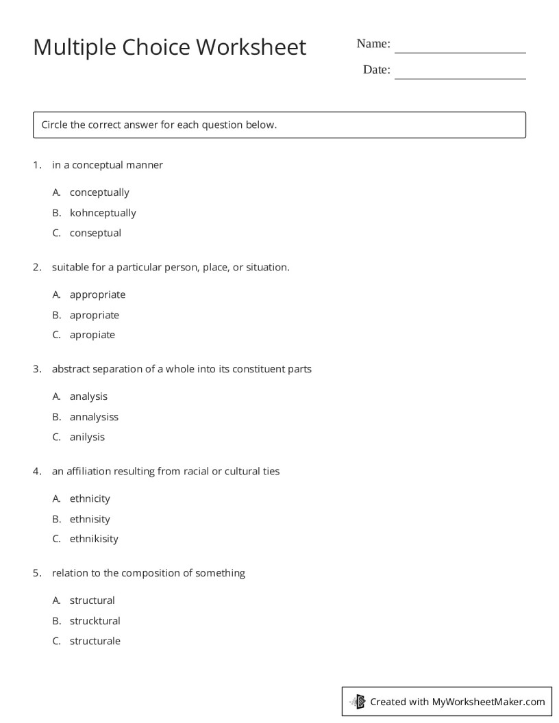 Multiple Choice Worksheet - My Worksheet Maker: Create Your Own Worksheets
