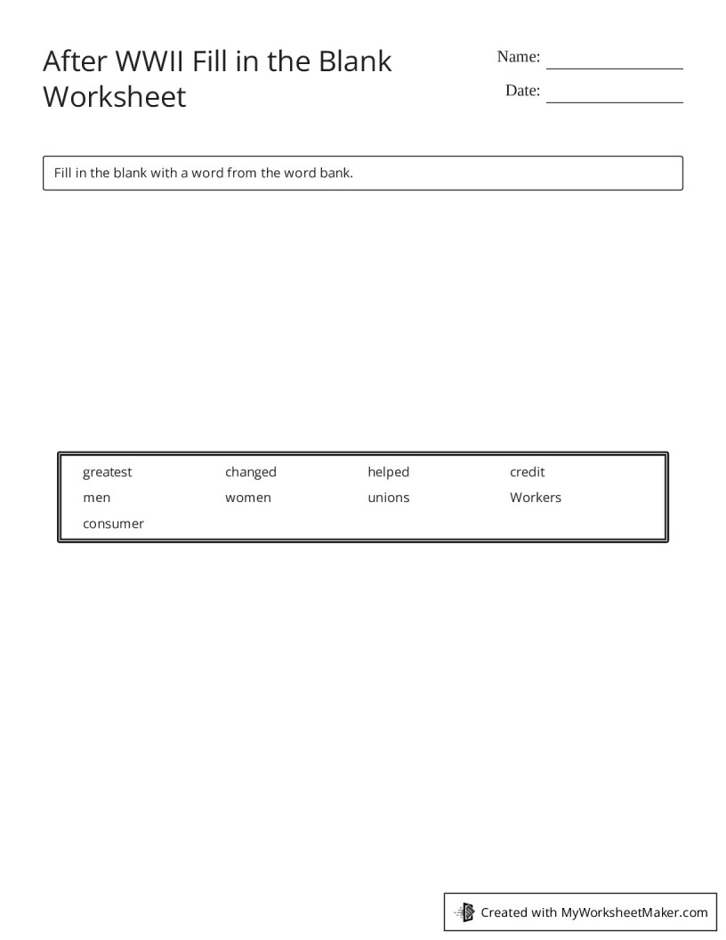 After WWII Fill in the Blank Worksheet - My Worksheet Maker: Create ...