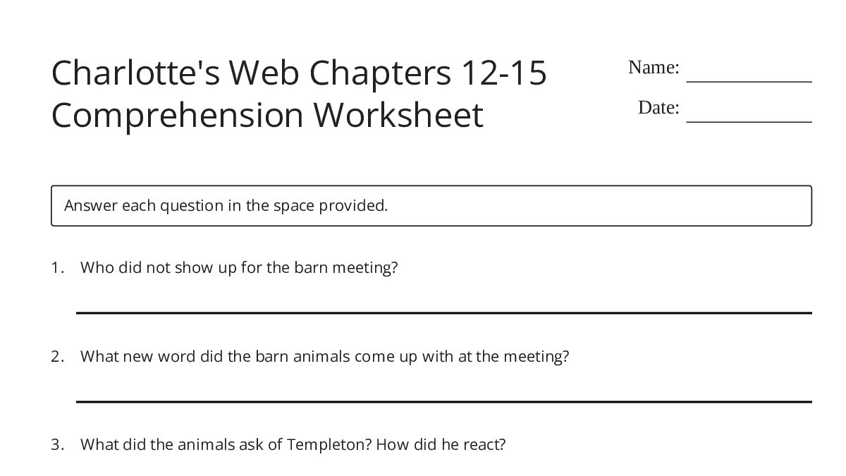 Charlotte's Web Chapters 12-15 Comprehension Worksheet - My Worksheet ...