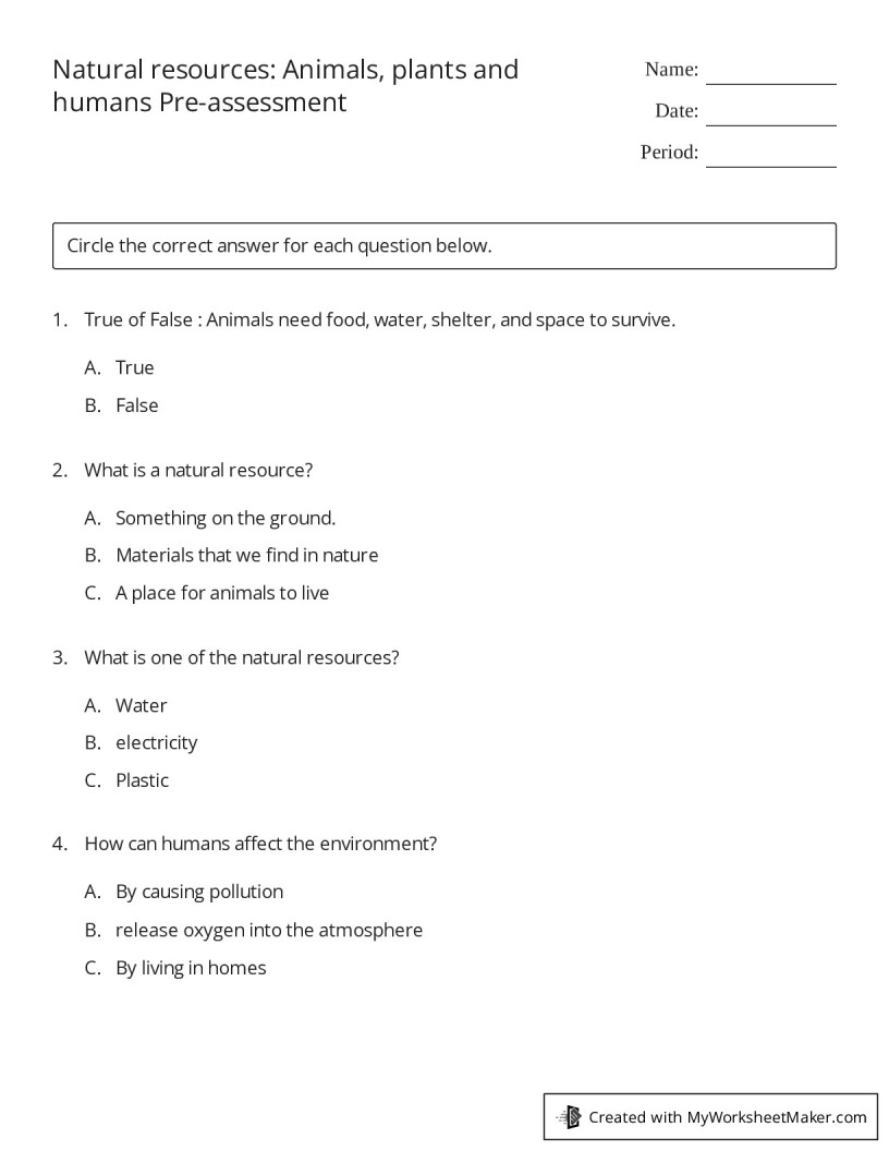 Natural resources: Animals, plants and humans Pre-assessment - My ...