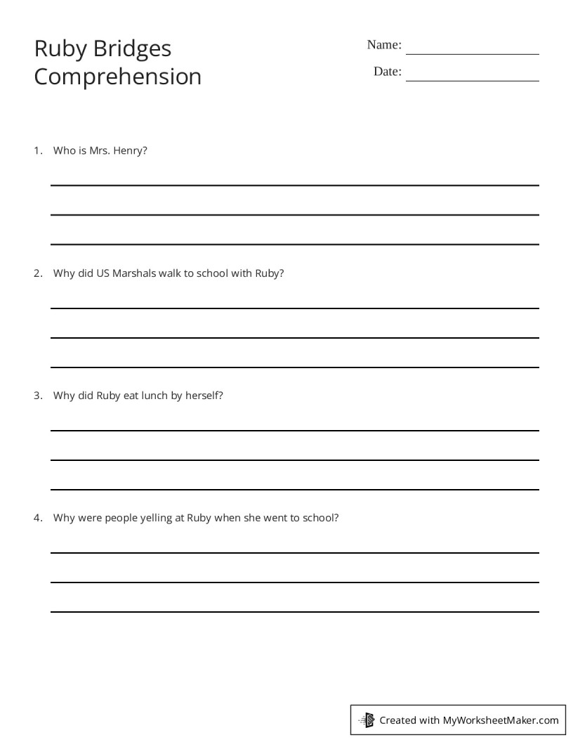 Ruby Bridges Comprehension - My Worksheet Maker: Create Your Own Worksheets