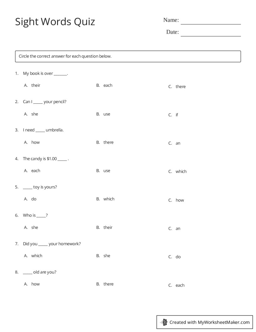 Sight Words Quiz - My Worksheet Maker: Create Your Own Worksheets
