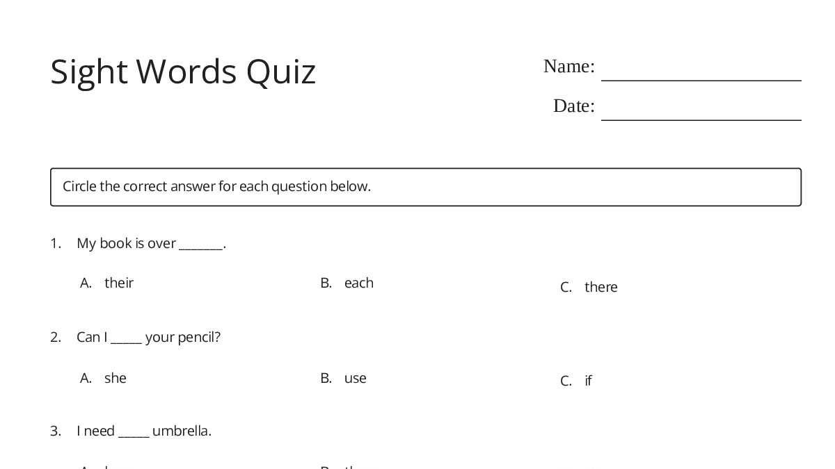 Sight Words Quiz - My Worksheet Maker: Create Your Own Worksheets