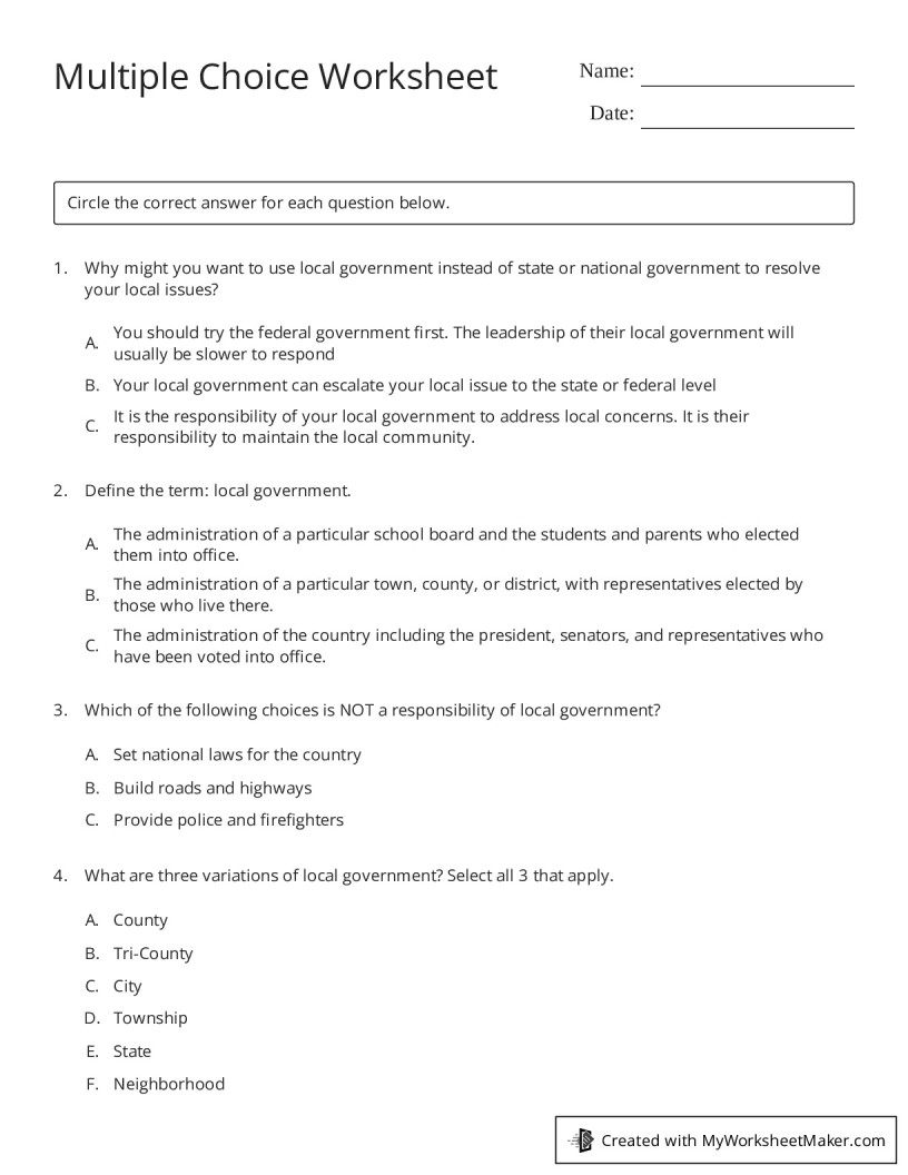 Multiple Choice Worksheet - My Worksheet Maker: Create Your Own Worksheets